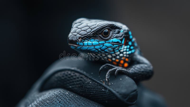 A Close-up of a Blue and Orange Lizard on a Black Glove. Stock Photo ...