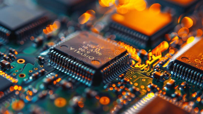 Close-up of Microprocessors on a Circuit Board with Glowing Lights ...