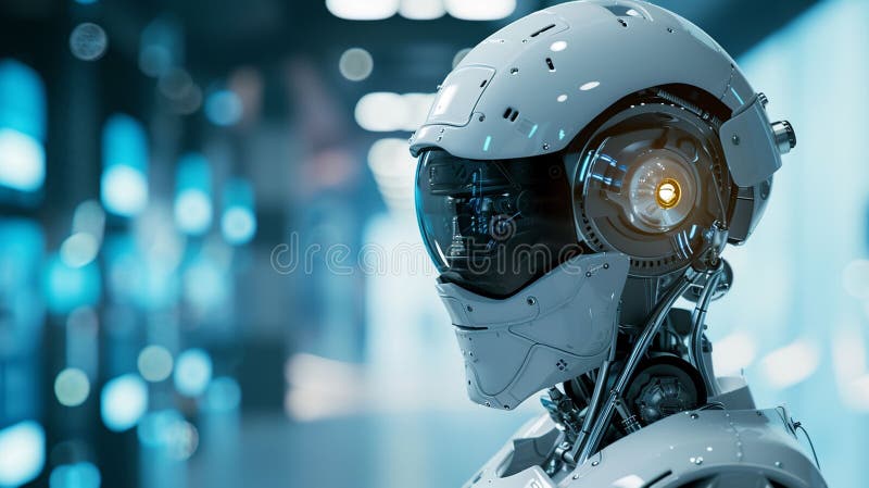 A Close Up View of a White Robot Head with a Glowing Eye in a Modern ...