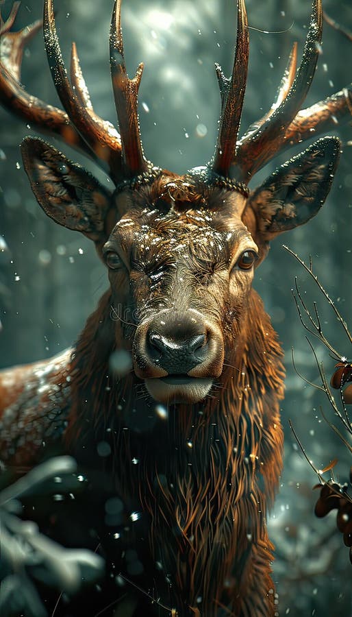 A Detailed Close Up View of a Deer Standing in the Snowcovered ...