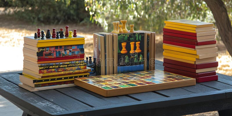 Books and Chess Pieces on Wooden Table Stock Illustration ...