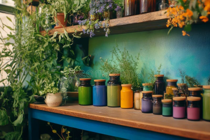 A Vibrant Display of Colorful Jars on a Wooden Shelf. this Cozy ...