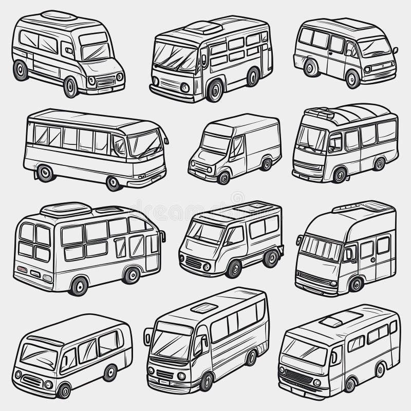 A Collection of Hand-Drawn Sketches Featuring Various Bus and Van ...