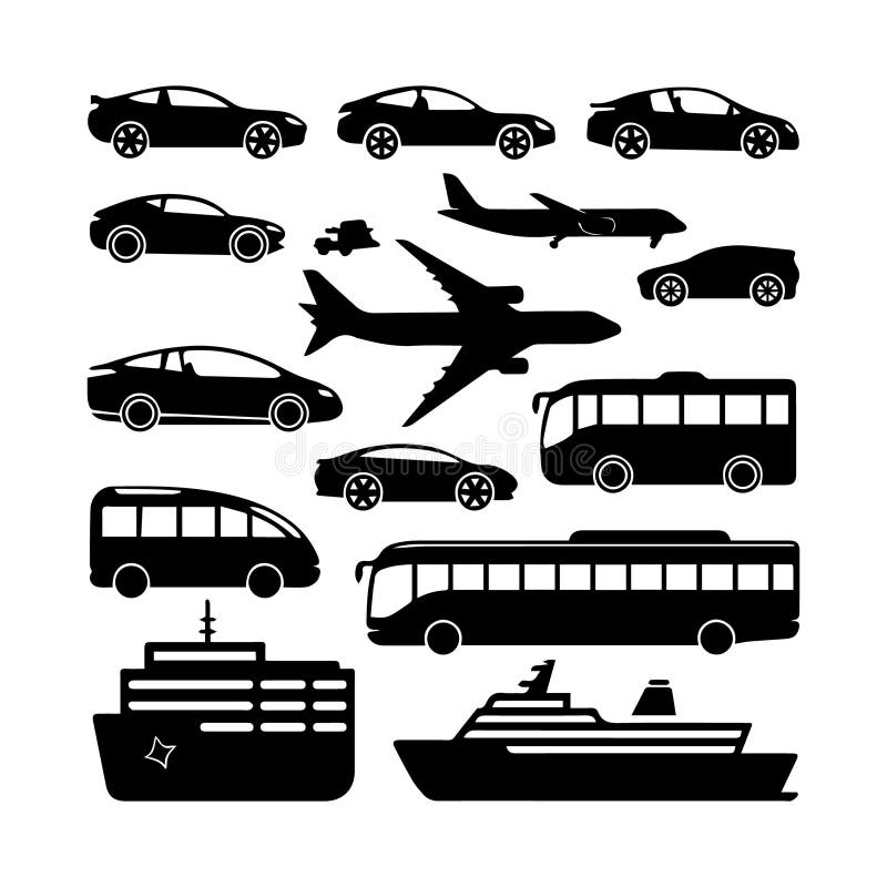 Simple Black Silhouette Icons of Various Transportation Vehicles Stock ...