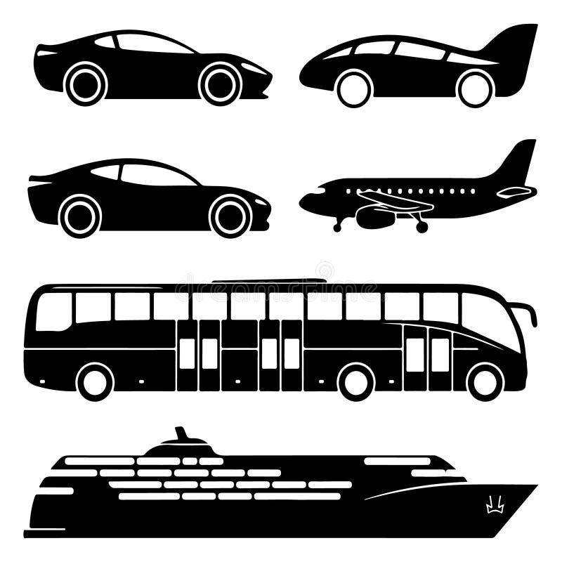 Simple Black Silhouette Icons of Various Transportation Vehicles Stock ...