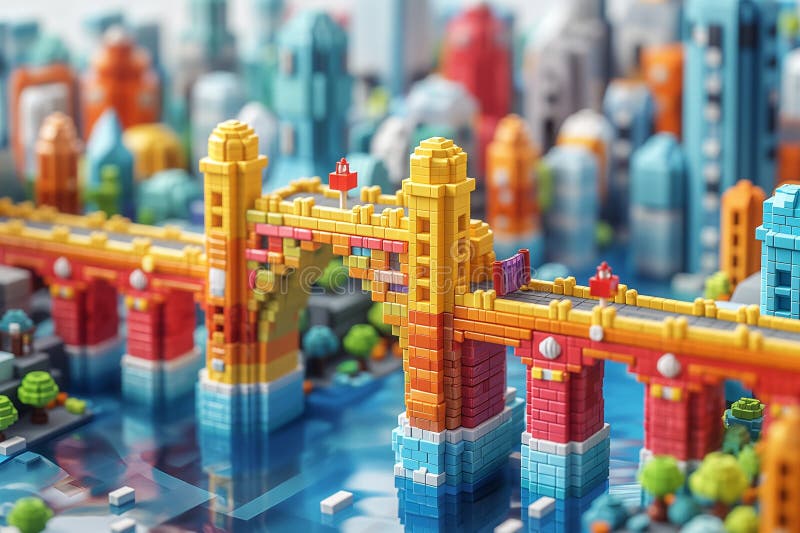 Colorful 3D Pixel Art of a Vibrant Cityscape with a Detailed Bridge ...