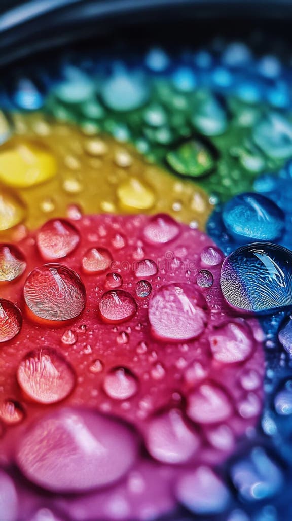 Vibrant Droplets Rest upon a Colorful Surface. Each Droplet Reflects ...