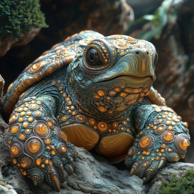 Image Features a Colorful, Patterned Tortoise Resting on a Rocky ...