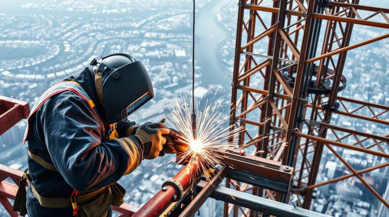 Skilled Worker Welding Metal Beams at High Altitude on Skyscraper with ...