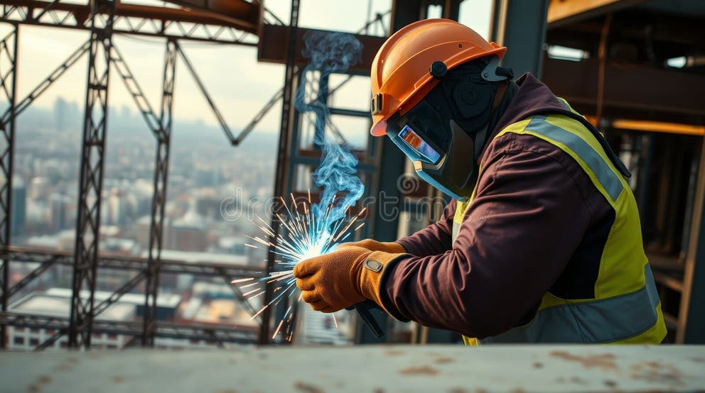 Skilled Worker Welding Metal Beams at High Altitude on Skyscraper with ...