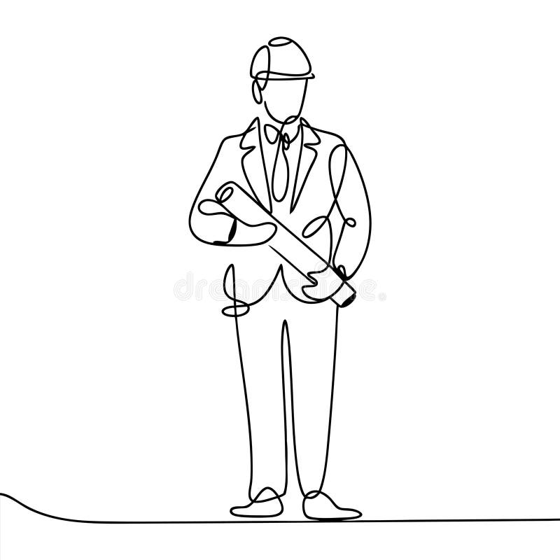 Continuous Line Drawing Architect with Blueprint Vector Illustration ...