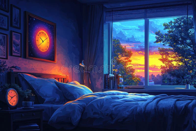 Cozy Bedroom with Neon-lit Digital Clock on the Brick Wall at Night ...