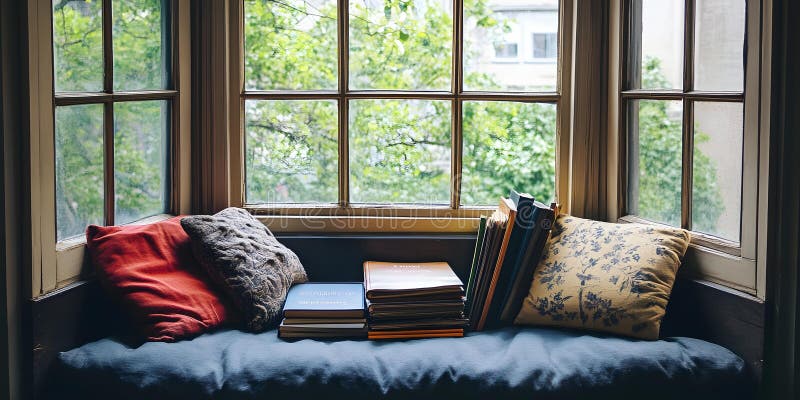 Cozy Window Seat with Books and Cushions Stock Illustration ...