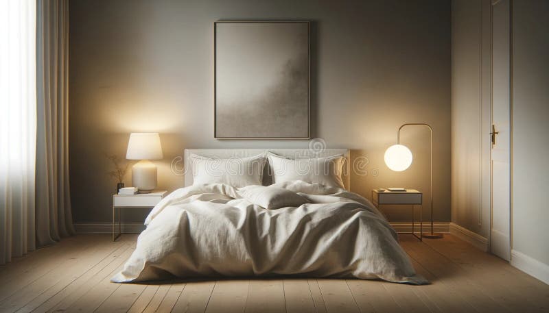 Subtle Grace: Minimalist Bedroom with Soft Lighting Stock Illustration ...