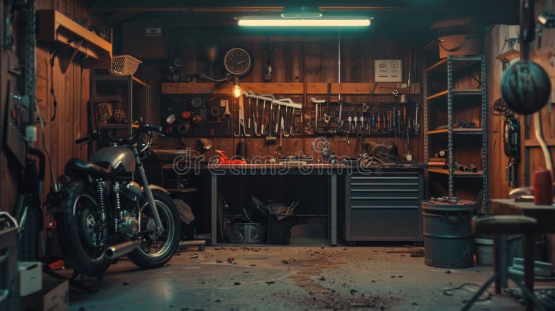 Cozy Motorcycle Workshop with Tools and Bike, Generative AI Stock Image ...