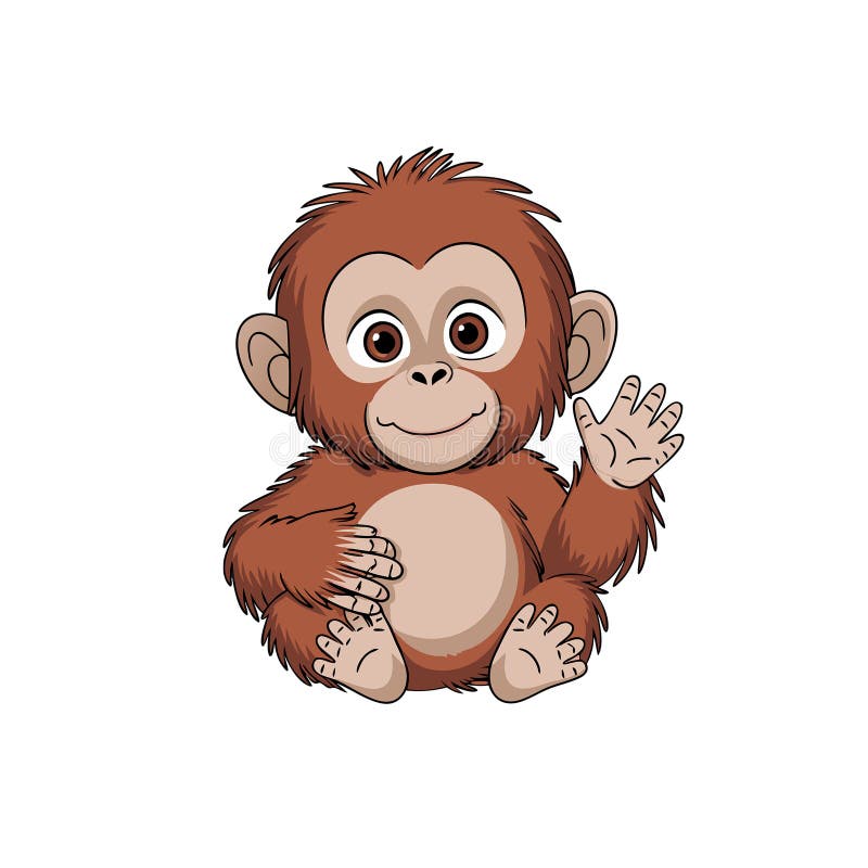 Cute Cartoon Baby Monkey Waving Friendly Animal Character Illustration ...