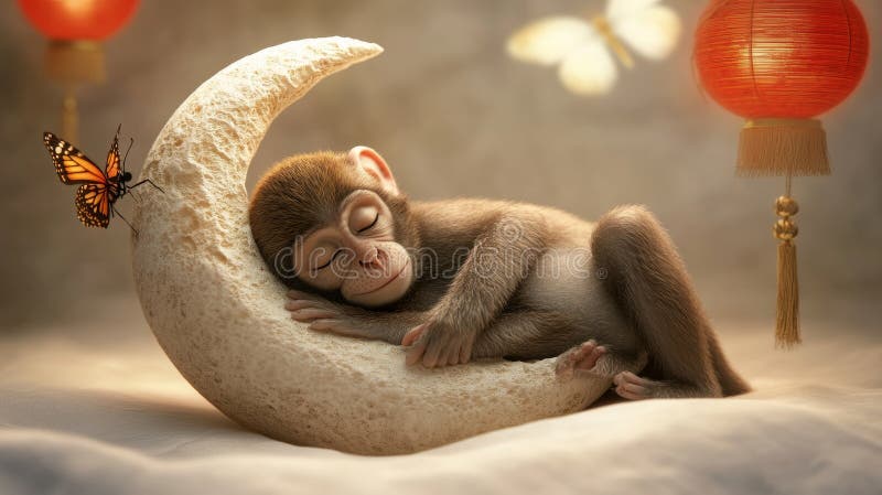 The Image Features a Cute Monkey from a Cartoon Perched on a Crescent Moon, Encircled by Clouds ...