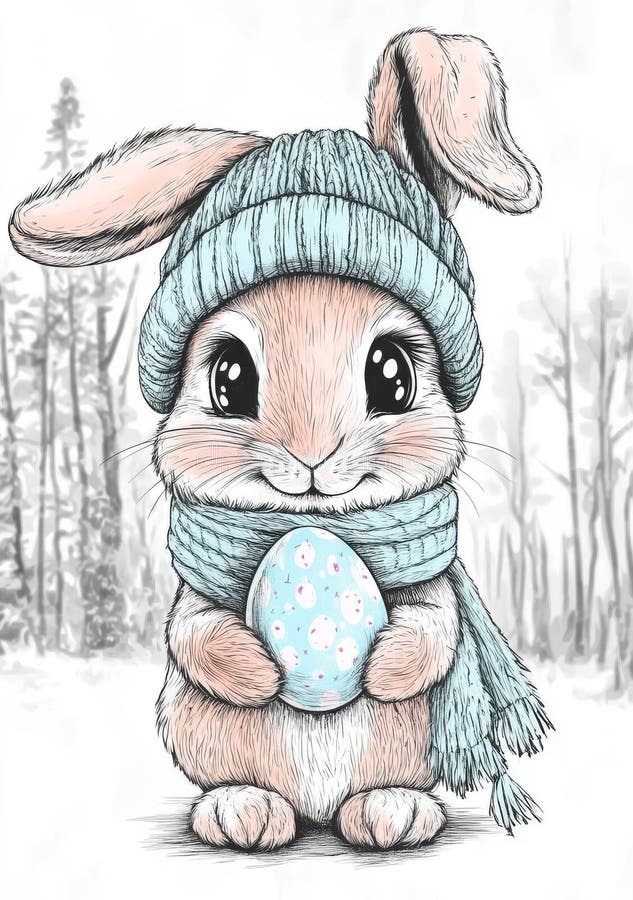 The Image Features a Cute Rabbit with a Blue Scarf, Holding an Egg in ...