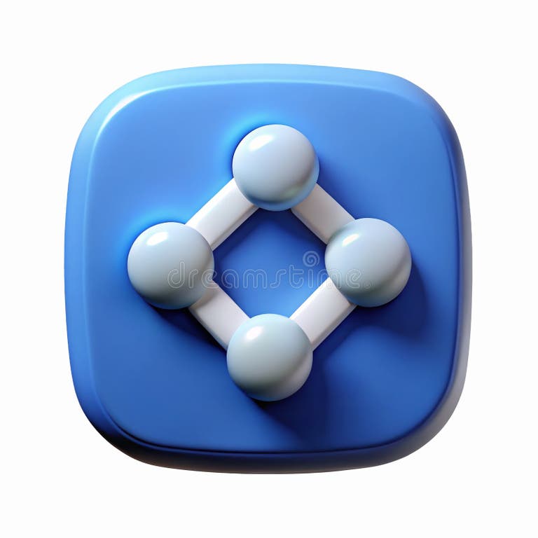 3D Blue Square Icon with White Geometric Structure and Spheres ...