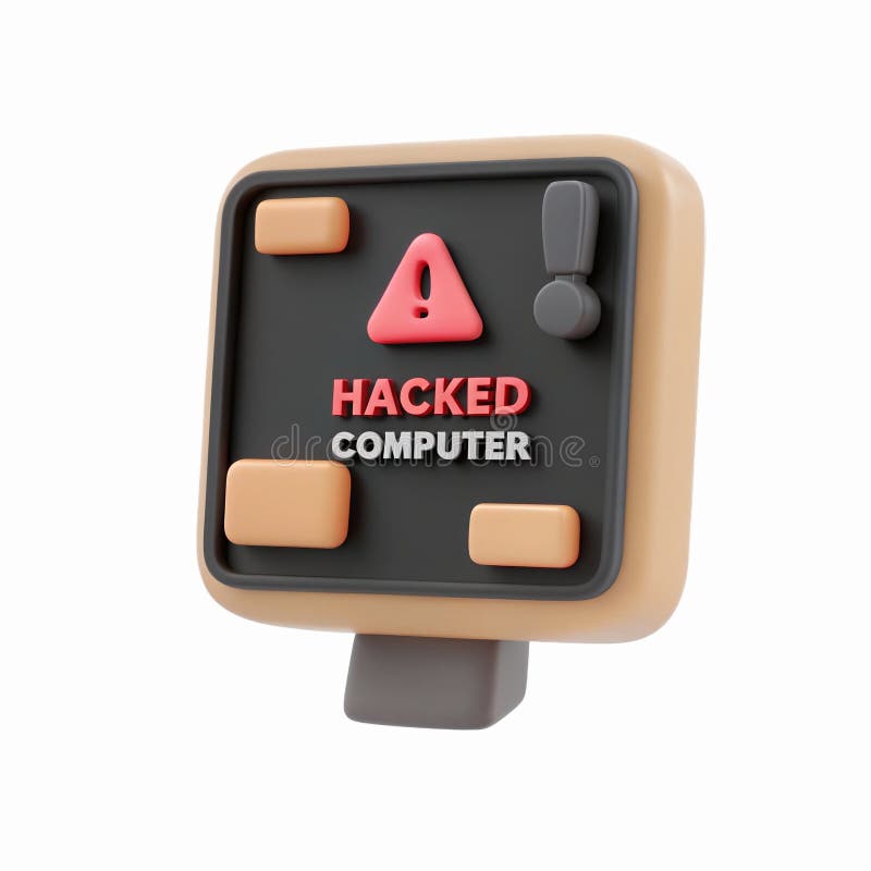 3D Cartoon Style Hacked Computer Screen with Red Warning Triangle and ...