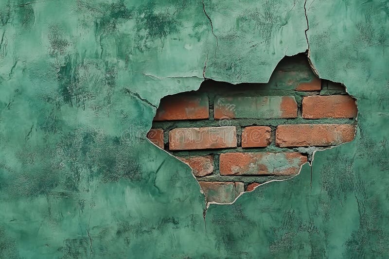 Damaged Green Concrete Wall with Exposed Red Brick Structure and ...