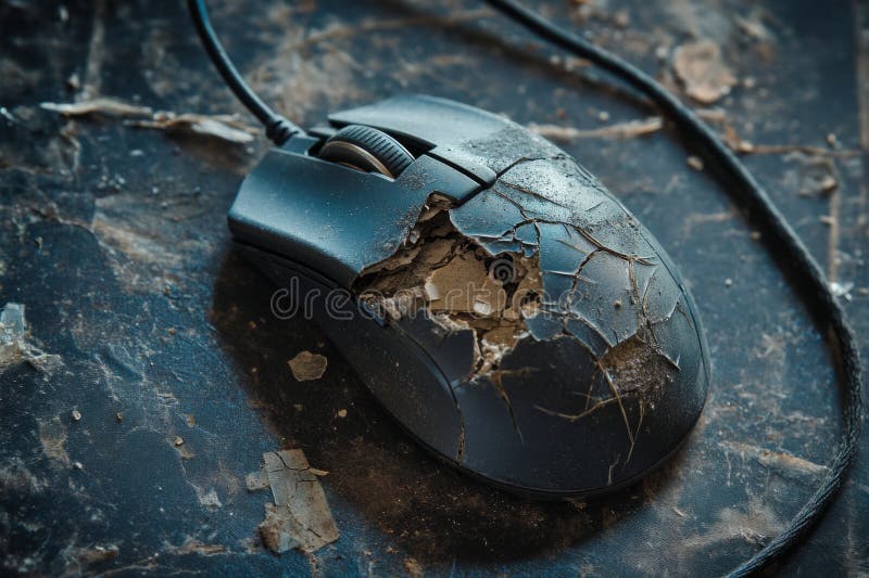 A Cracked Computer Mouse Rests on a Messy Tabletop. this Image Captures ...