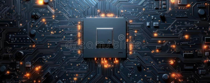 Dark Gray Circuit Board with Glowing Orange Lights and Processor Stock ...