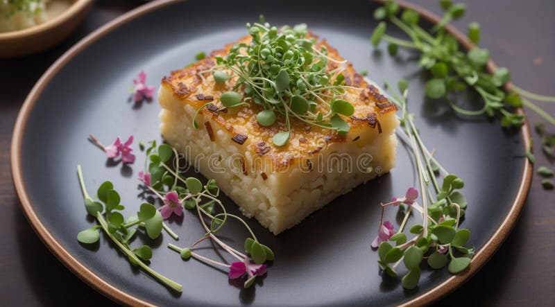 Delicious Turnip Cake with Microgreens on Plate Stock Illustration ...