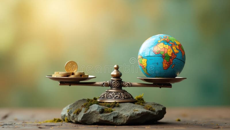 Intricate Balance Scale with Coins and Globe Stock Illustration ...