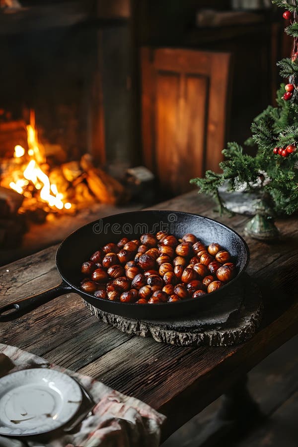Roasted Chestnuts on a Wooden Table with Christmas Decorations Stock ...