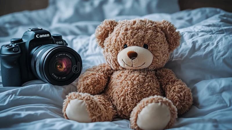 A Cute Teddy Bear Sits in Front of a Professional Camera on a Soft Bed ...