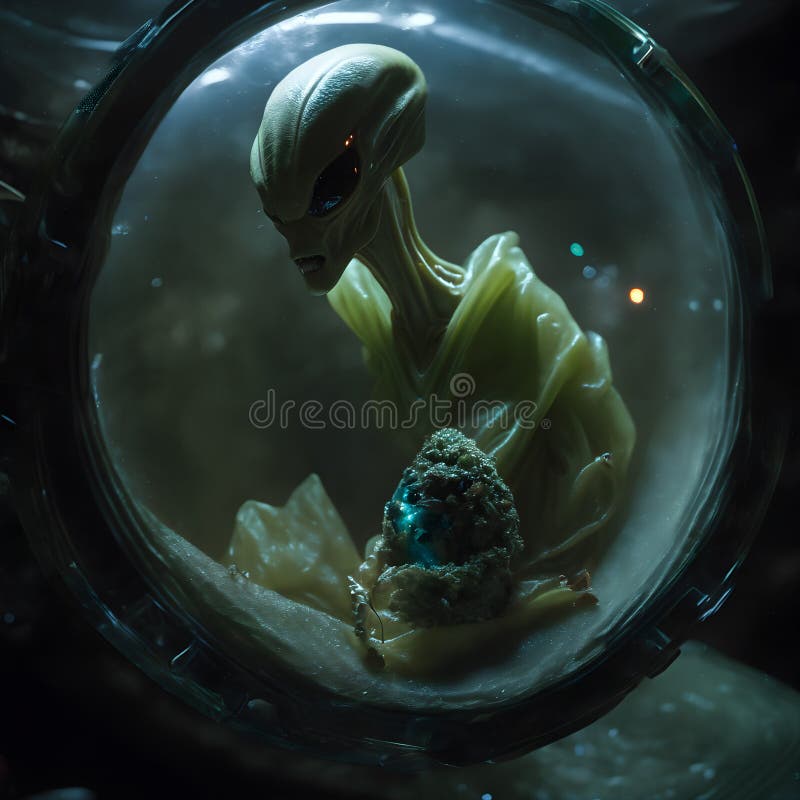 Alien in Glass Enclosure with Mysterious Glowing Blue Artifact Stock ...