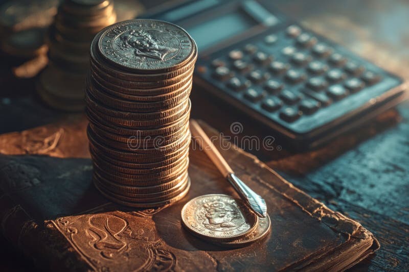 A Captivating Stack of Vintage Coins with an Antique Book and ...