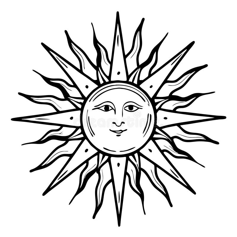 Detailed Sun Illustration with Radiant Rays Ideal for Tattoo Design and ...