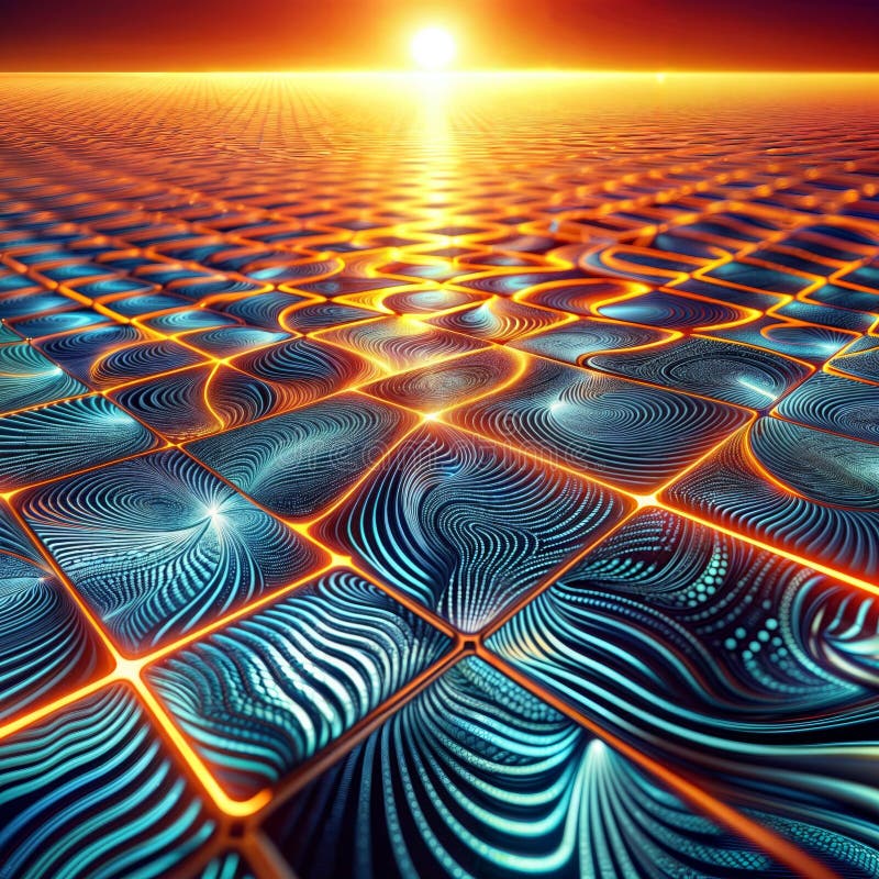 Digital Tile Grid: Blue and Orange Illuminated by Glowing Sun ...