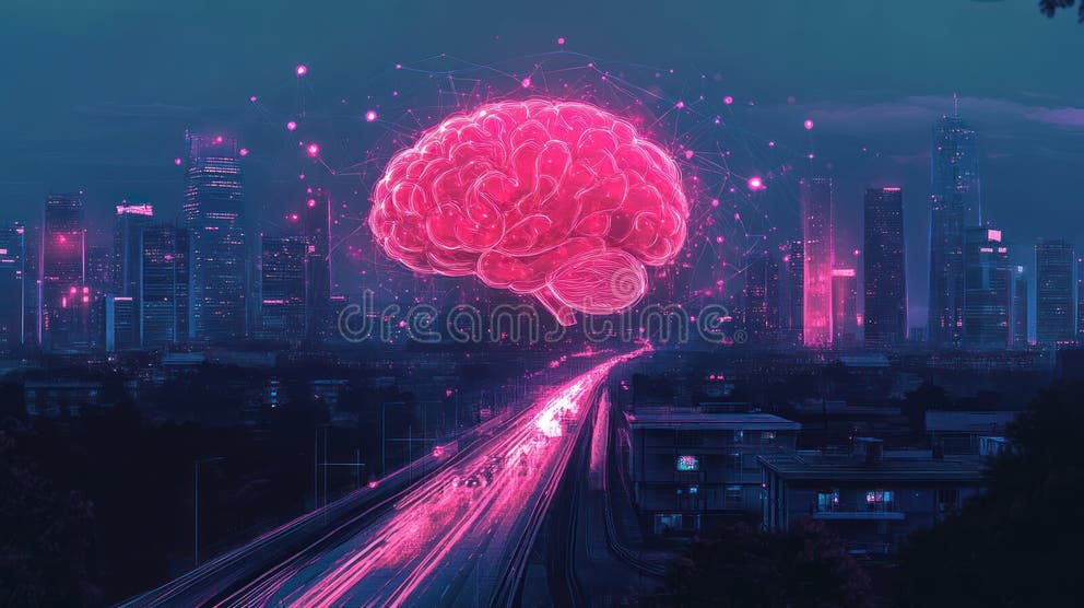 Artificial Intelligence Brain with Connections Over Urban Nightscape ...