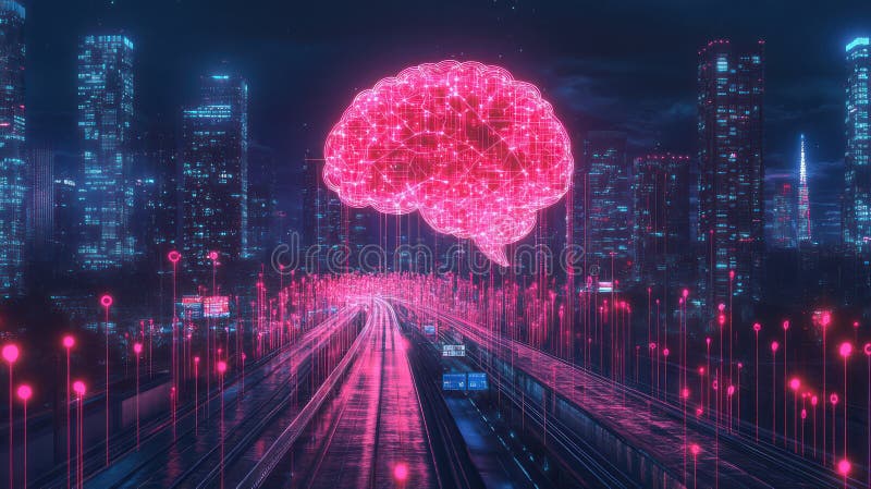 Artificial Intelligence Brain with Connections Over Urban Nightscape ...