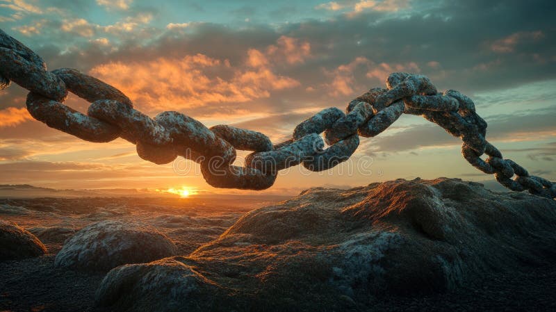 A Close-up View of an Old Rusted Chain Extending Toward a Beautiful ...