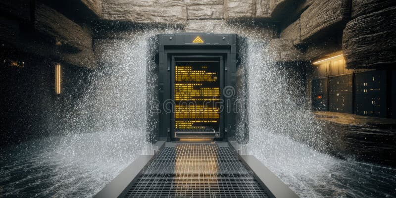Futuristic Waterfall Gushing through High-Tech Entrance in Sci-Fi ...