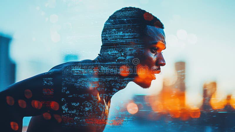 Waist-up Portrait of a Determined Male Sprinter in Motion, with a ...