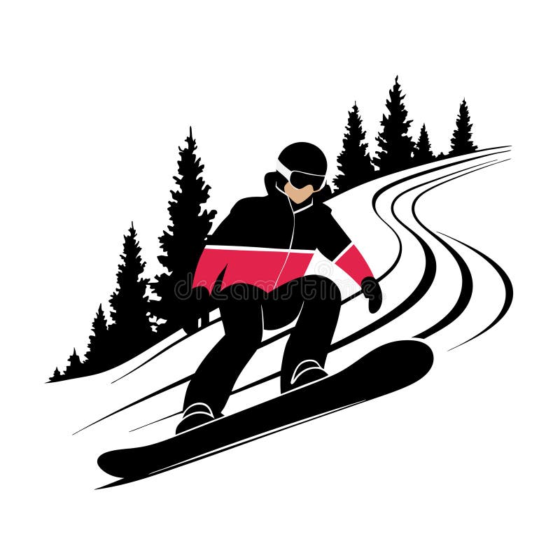Snowboarder on Mountain Slope with Pine Trees Winter Sports Vector ...