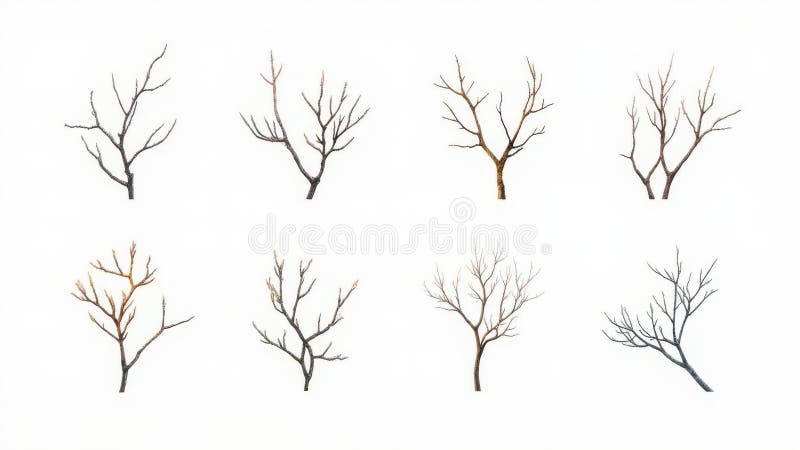 Eight Bare Tree Branches Silhouettes on White Stock Illustration ...
