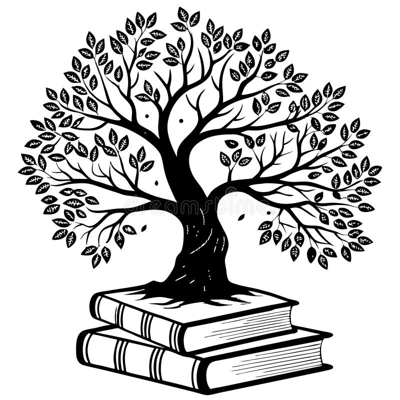 Tree of Knowledge Growing from Stacked Books Elegant Black and White ...