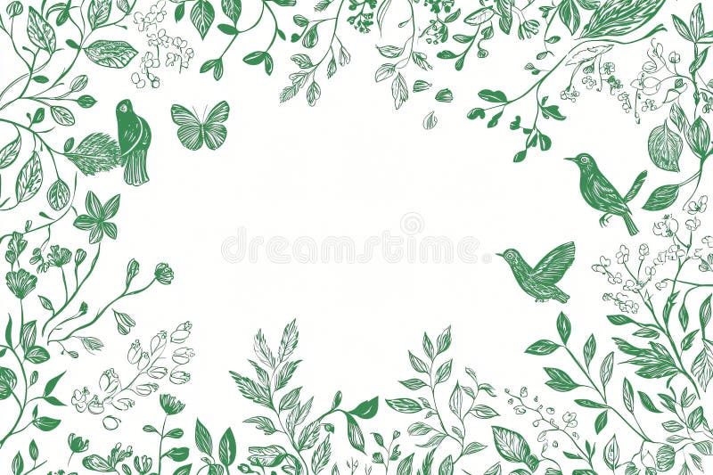 Elegant Green Botanical Frame with Birds and Butterfly Spring Nature ...