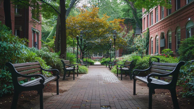 This Image Features an Empty University Courtyard with Benches and ...
