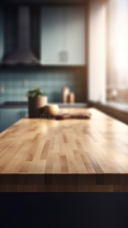 Empty Wooden Tabletop with Blurred Kitchen Background and Copy Space ...
