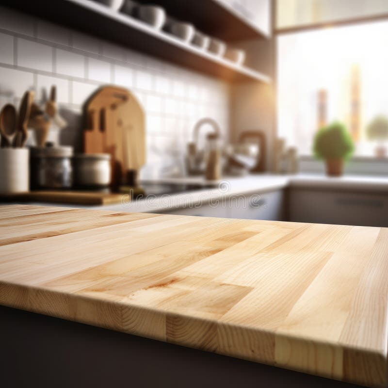 Empty Wooden Tabletop with Blurred Kitchen Background and Copy Space ...
