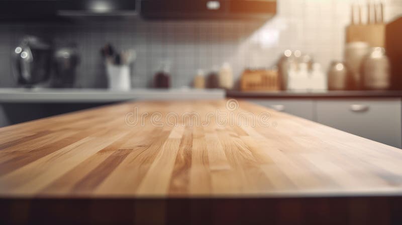 Empty Wooden Tabletop with Blurred Kitchen Background and Copy Space ...