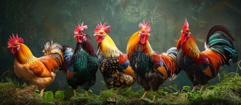 Colorful Roosters in a Lush Setting Stock Photo - Image of setting ...