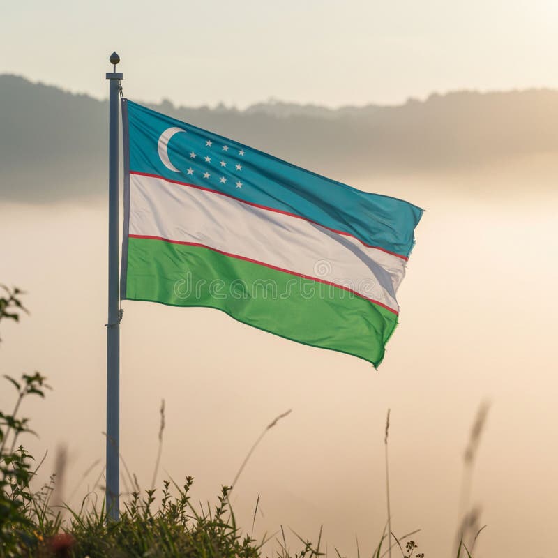 The Image Features the Flag of Uzbekistan Fluttering on a Flagpole. the ...